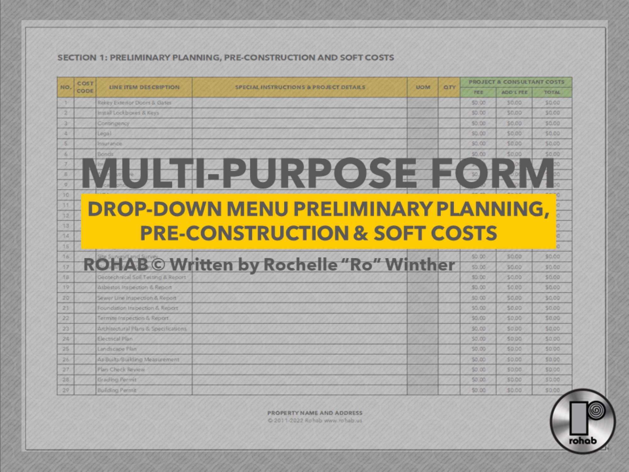 Preliminary Planning, Pre-construction & Soft Costs Construction Form ...