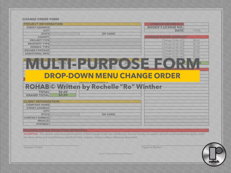 Change Order Form With Drop-down Menu | Construction Change Order Form ...