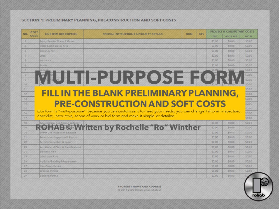 Preliminary Planning, Pre-construction & Soft Costs Construction Form ...