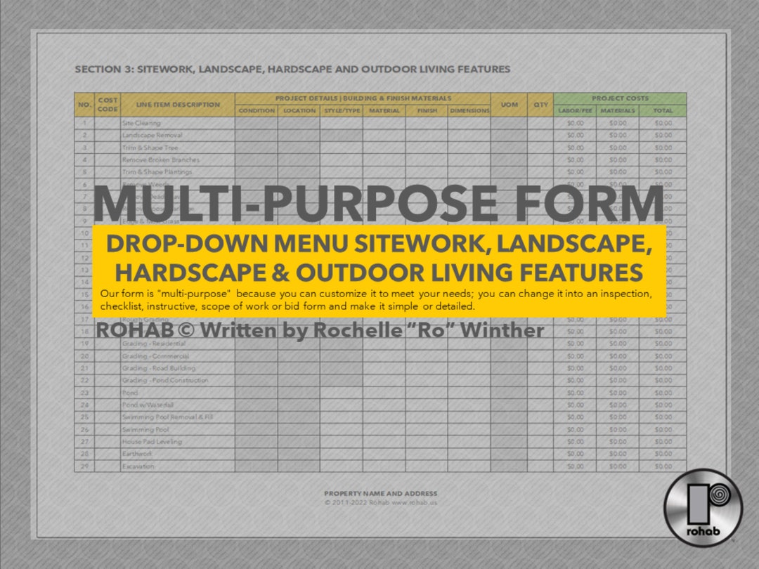 Sitework, Landscape, Hardscape & Outdoor Living Construction Form Template With Drop-down Menu ...