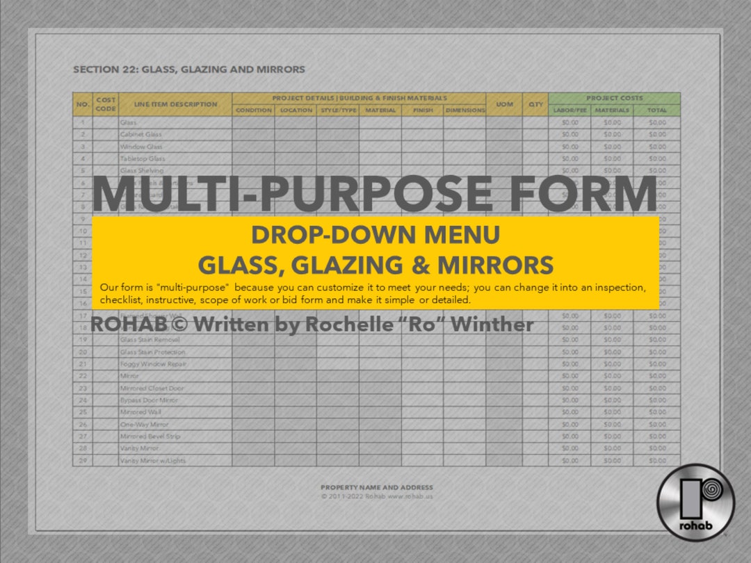 Glass, Glazing & Mirrors Construction Form Template With Drop-down Menu ...