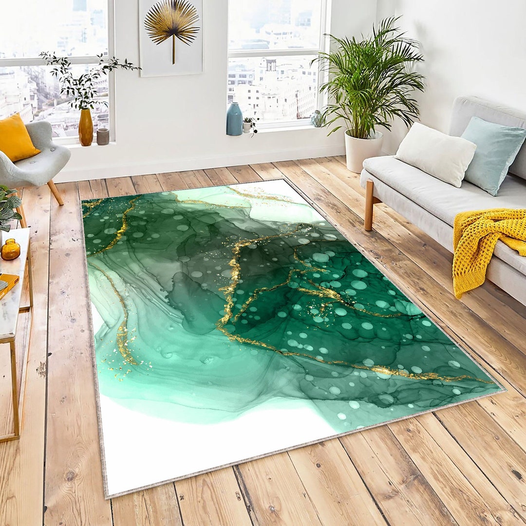 Green and Gold Marble Rug Marble Decor Rug Modern Abstract - Etsy