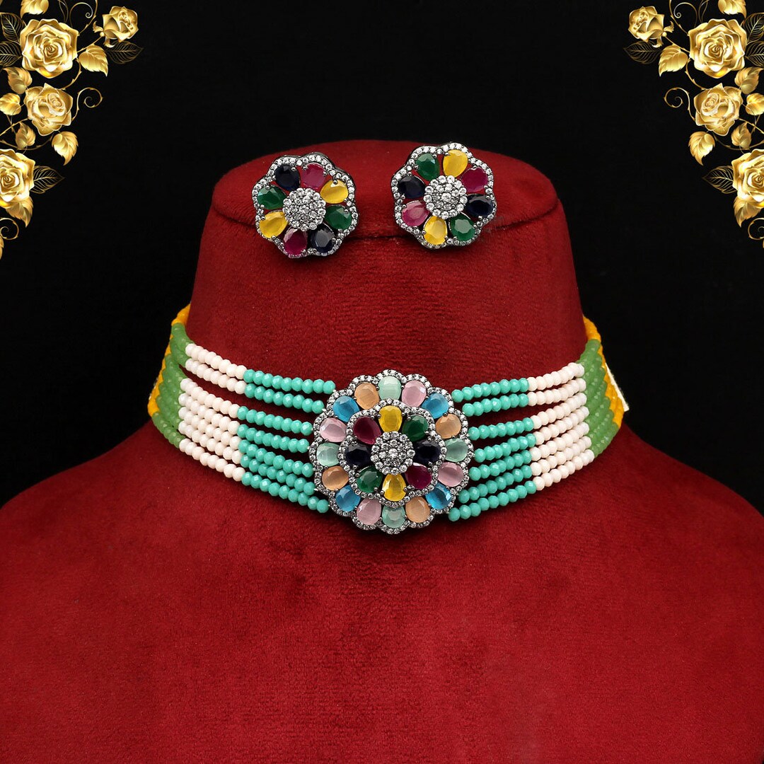 Multi Color Choker Set American Diamond Choker Necklace CZ Diamond ...