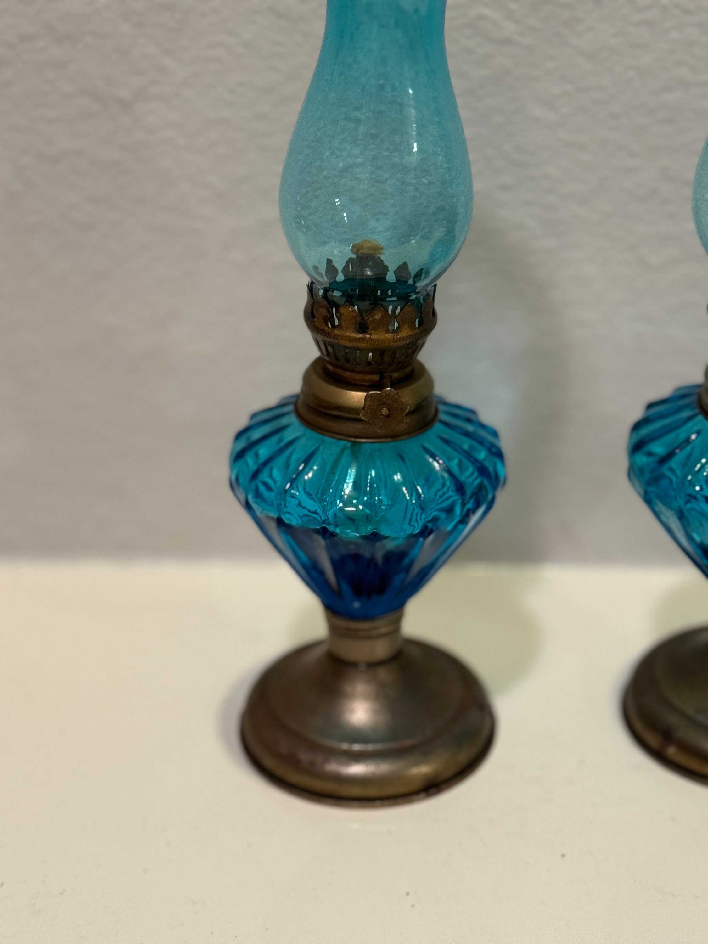 Vintage Pair of Blue Glass Oil Lamps - Etsy