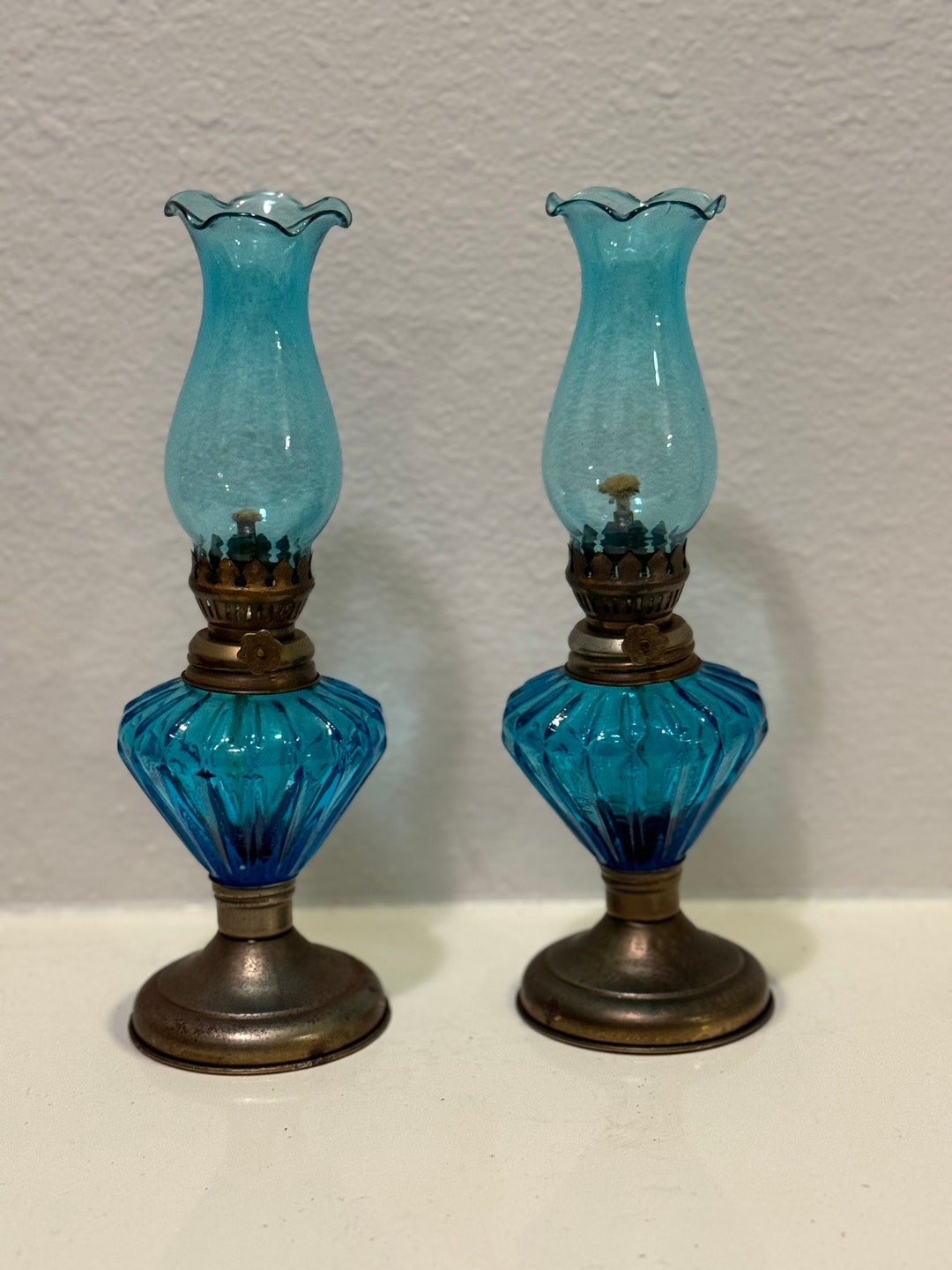 Vintage Pair of Blue Glass Oil Lamps - Etsy