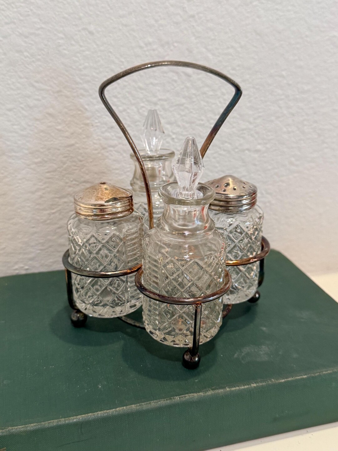 Vintage Sheffield Glass Cruet Set Oil, Vinegar, Salt & Pepper Set- 5 ...
