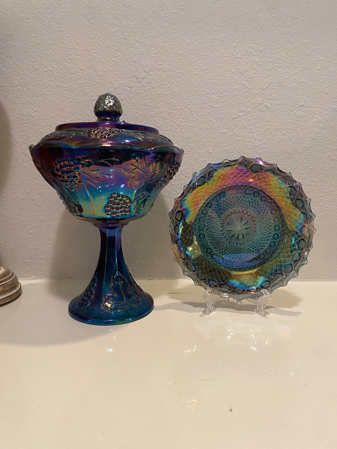 Vintage Indiana Glass 'blue Harvest' Grape Cluster Pedestal Candy Dish ...