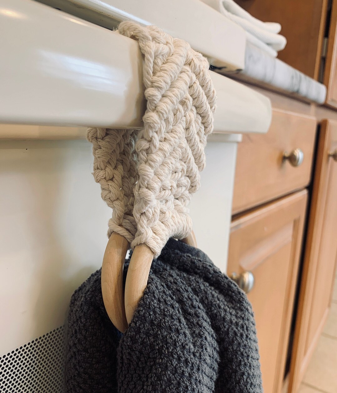 Macrame Boho Kitchen Towel Hanger With Wooden Ring Holders | Oven ...