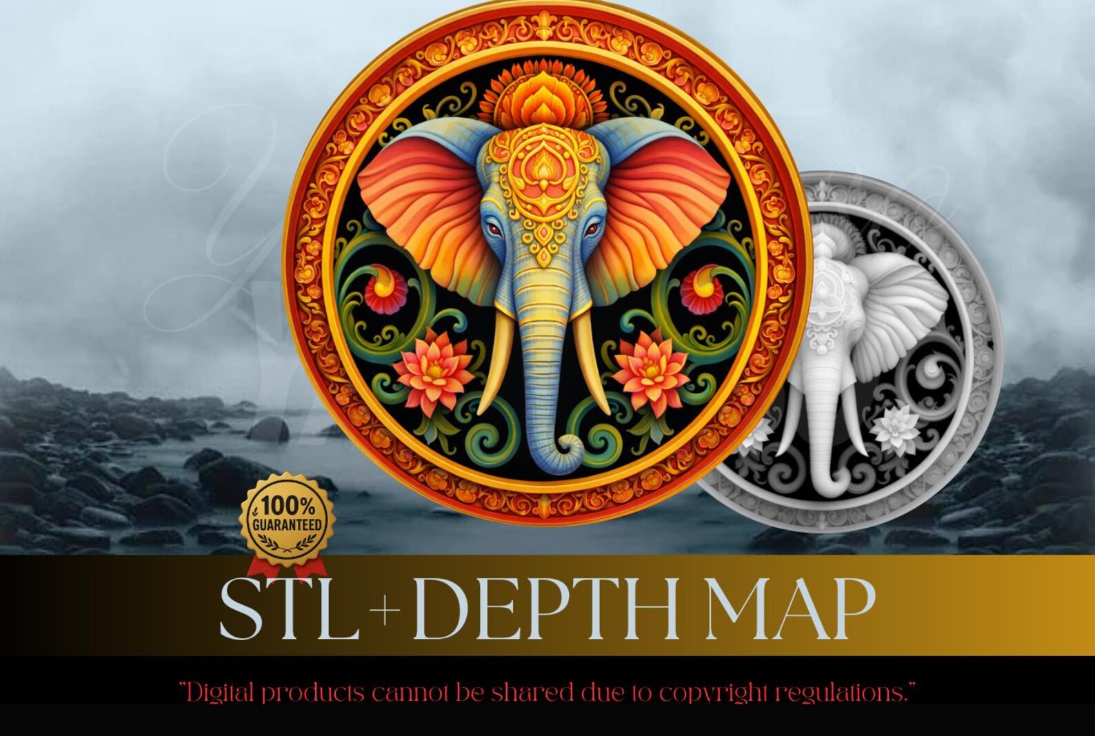 Elephant Coin Depth Map | Laser Engrave STL & PNG Files (digital ...