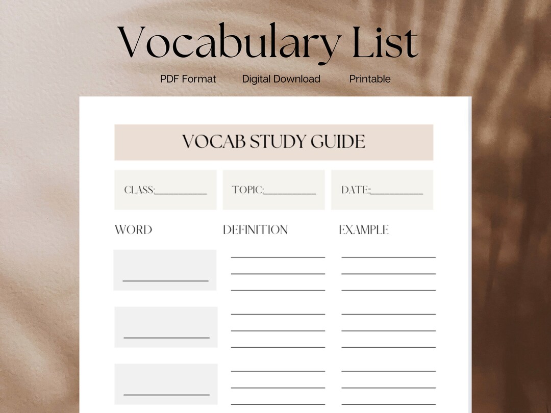 Vocab or Glossary Study Sheet-printable-learning Study Note Digital ...