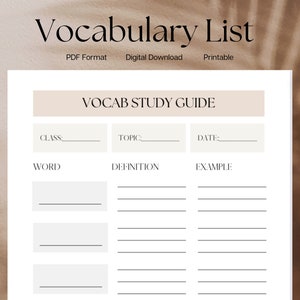 Vocab or Glossary Study Sheet-printable-learning Study Note - Etsy Canada