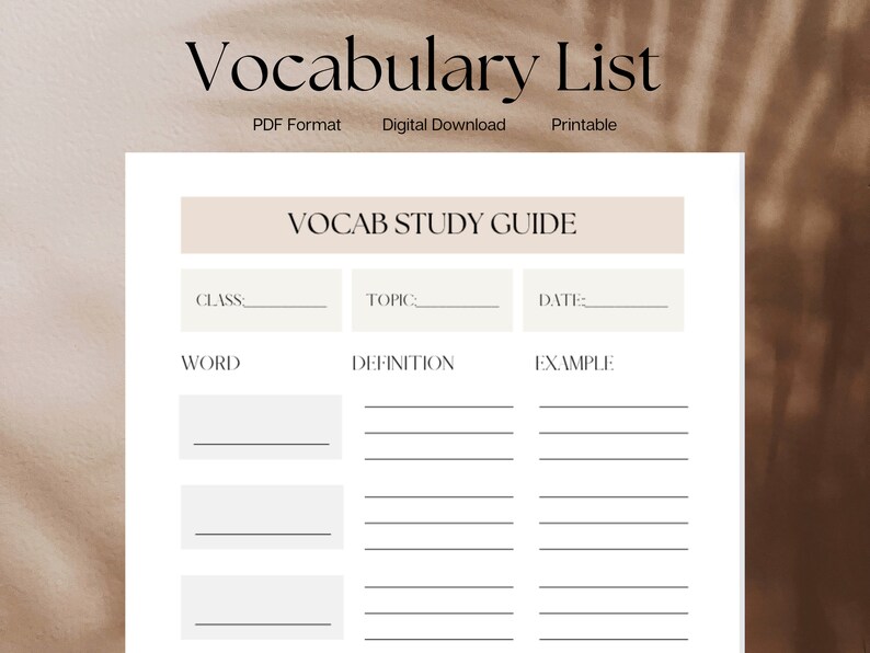Vocab or Glossary Study Sheet-printable-learning Study Note Digital ...