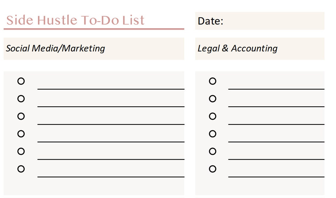 Printable to Do List | Categorized Side Hustle Checklist | Business ...
