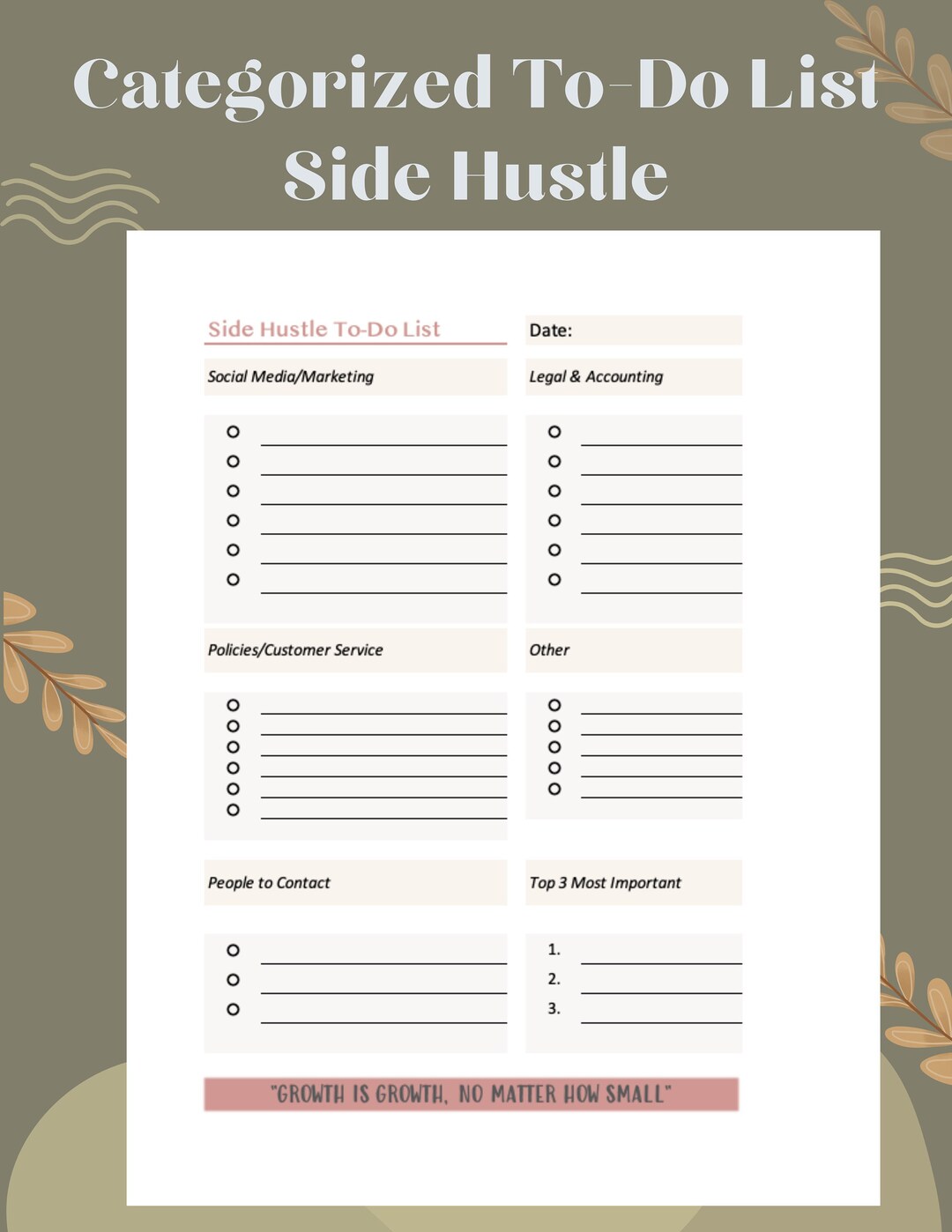 Printable to Do List | Categorized Side Hustle Checklist | Business Organizer List | To-do List ...