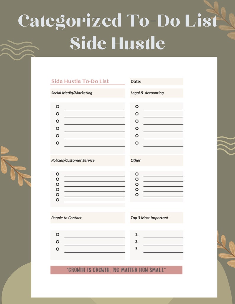 Printable to Do List | Categorized Side Hustle Checklist | Business ...