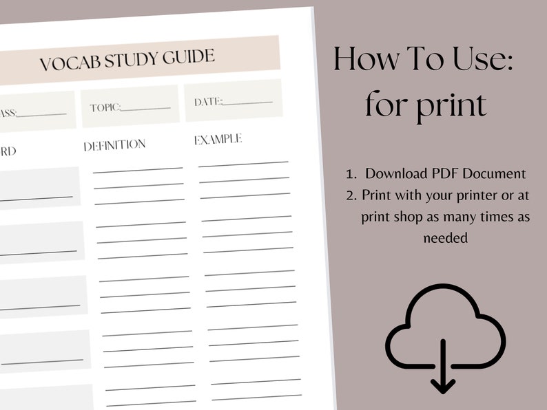 Vocab or Glossary Study Sheet-printable-learning Study Note Digital ...