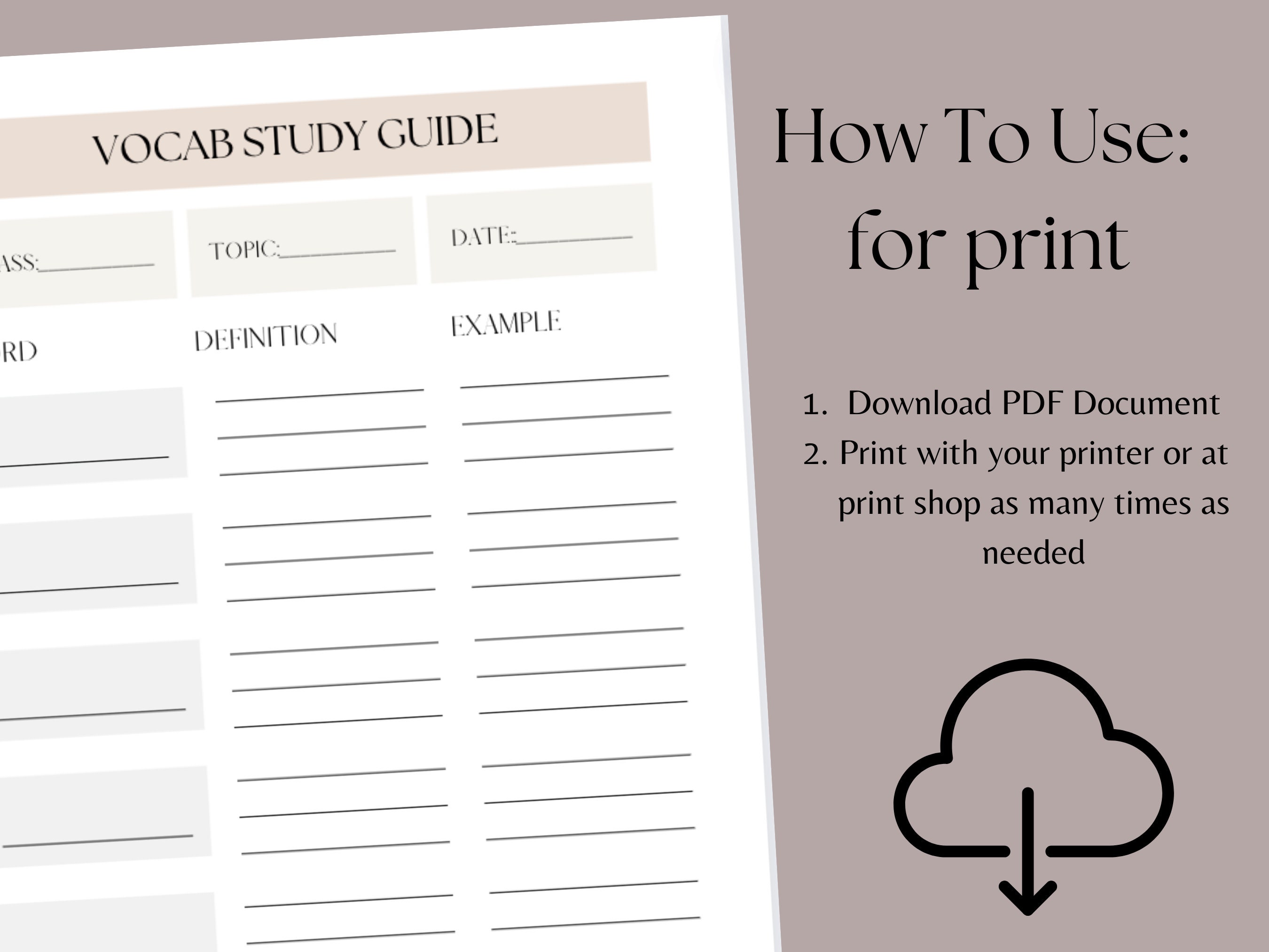 Vocab or Glossary Study Sheet-printable-learning Study Note - Etsy Canada
