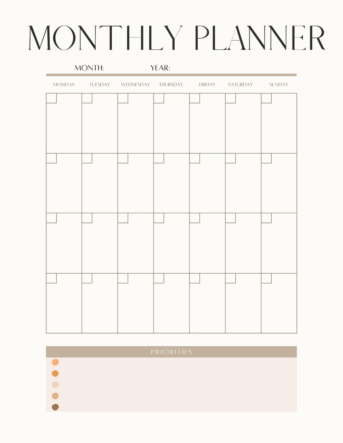 Monthly Calendar Printable Minimalist Monthly Planner - Etsy