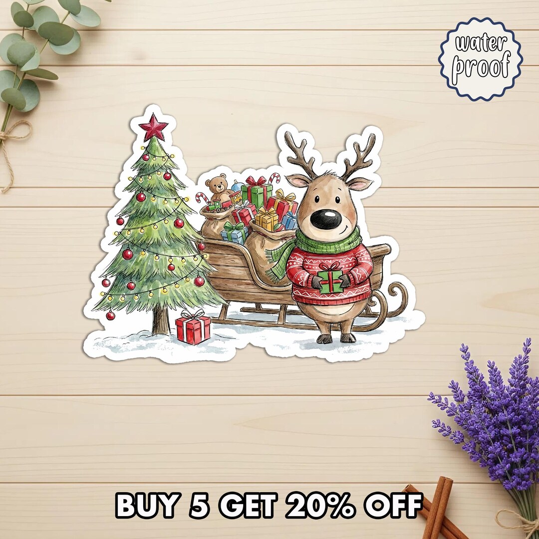 Reindeer Tree Christmas Die Cut Stickers, Cute Holiday Reindeer Decal ...