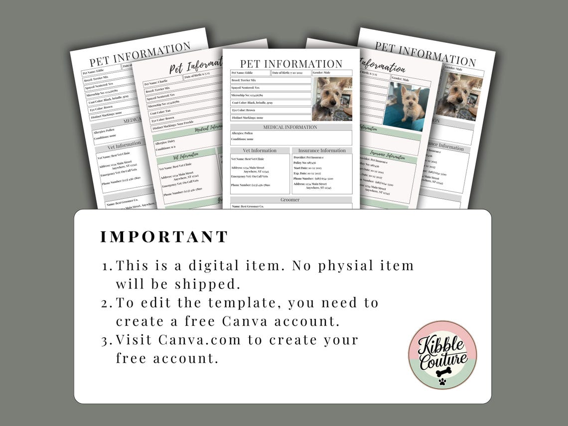 Editable Pet Information Sheet: Canva Template (digital Download) - Etsy