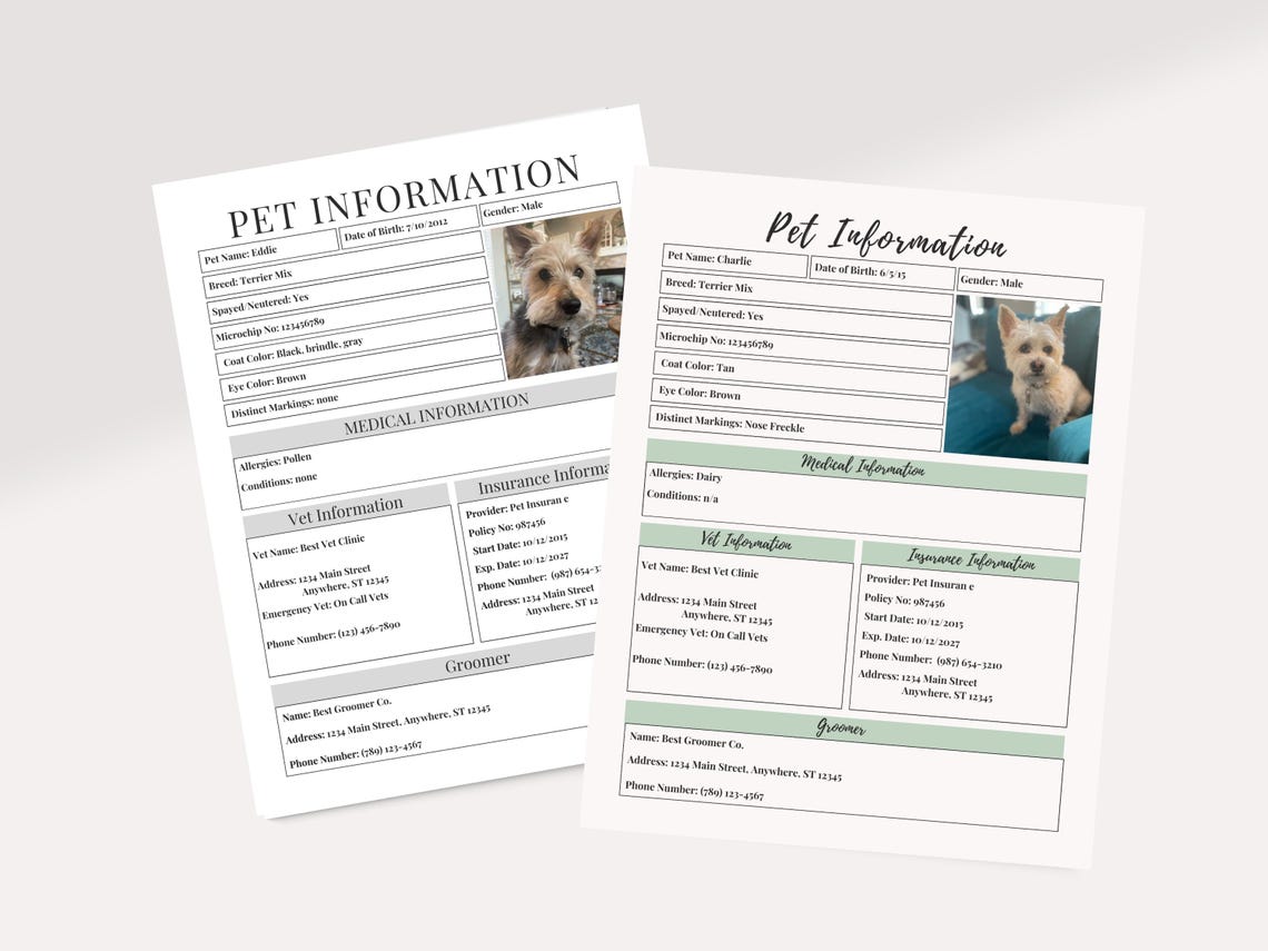 Editable Pet Information Sheet: Canva Template (digital Download) - Etsy