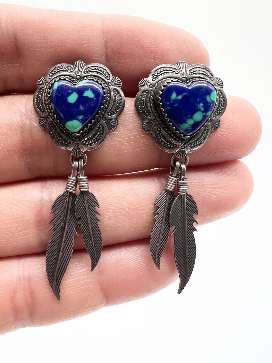 Vintage Navajo Sterling Azurite Heart Feather Dangle Earrings - Etsy