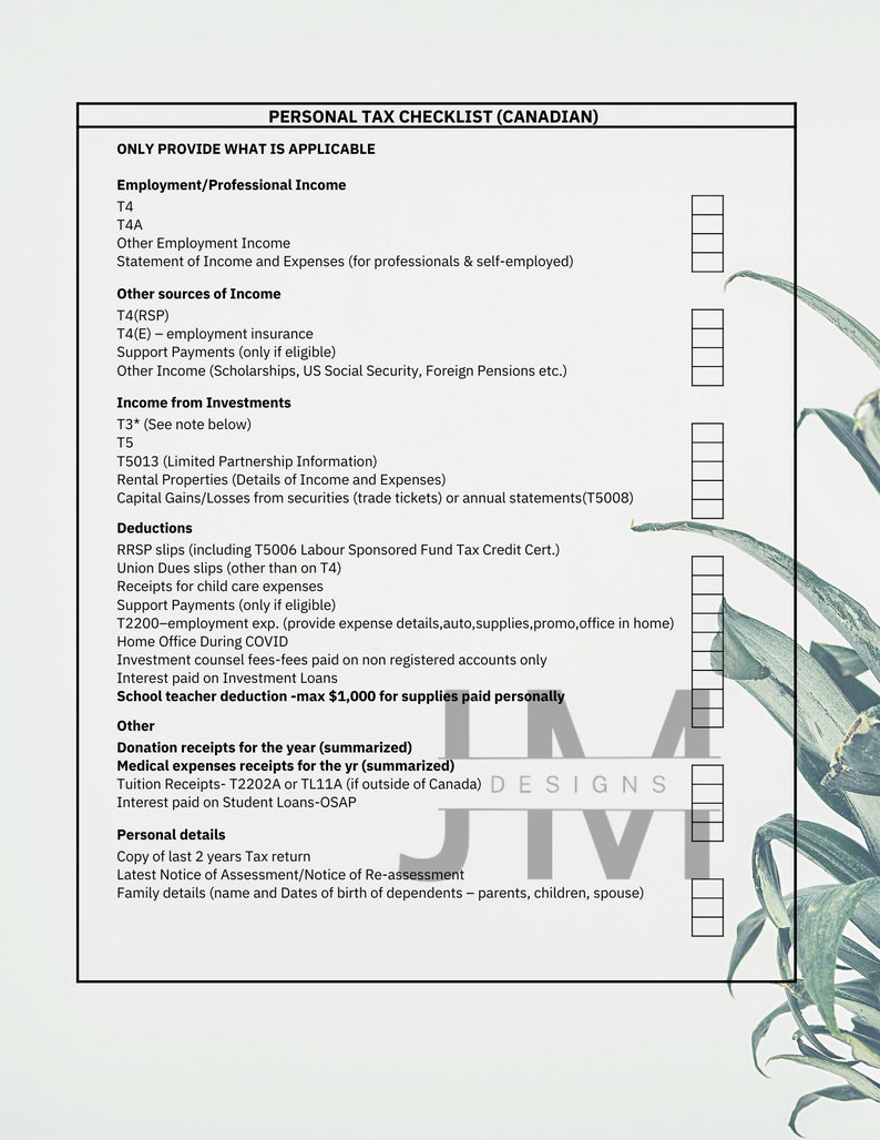 Personal Tax Preparation Checklist - Printable Canadian Tax Prep ...
