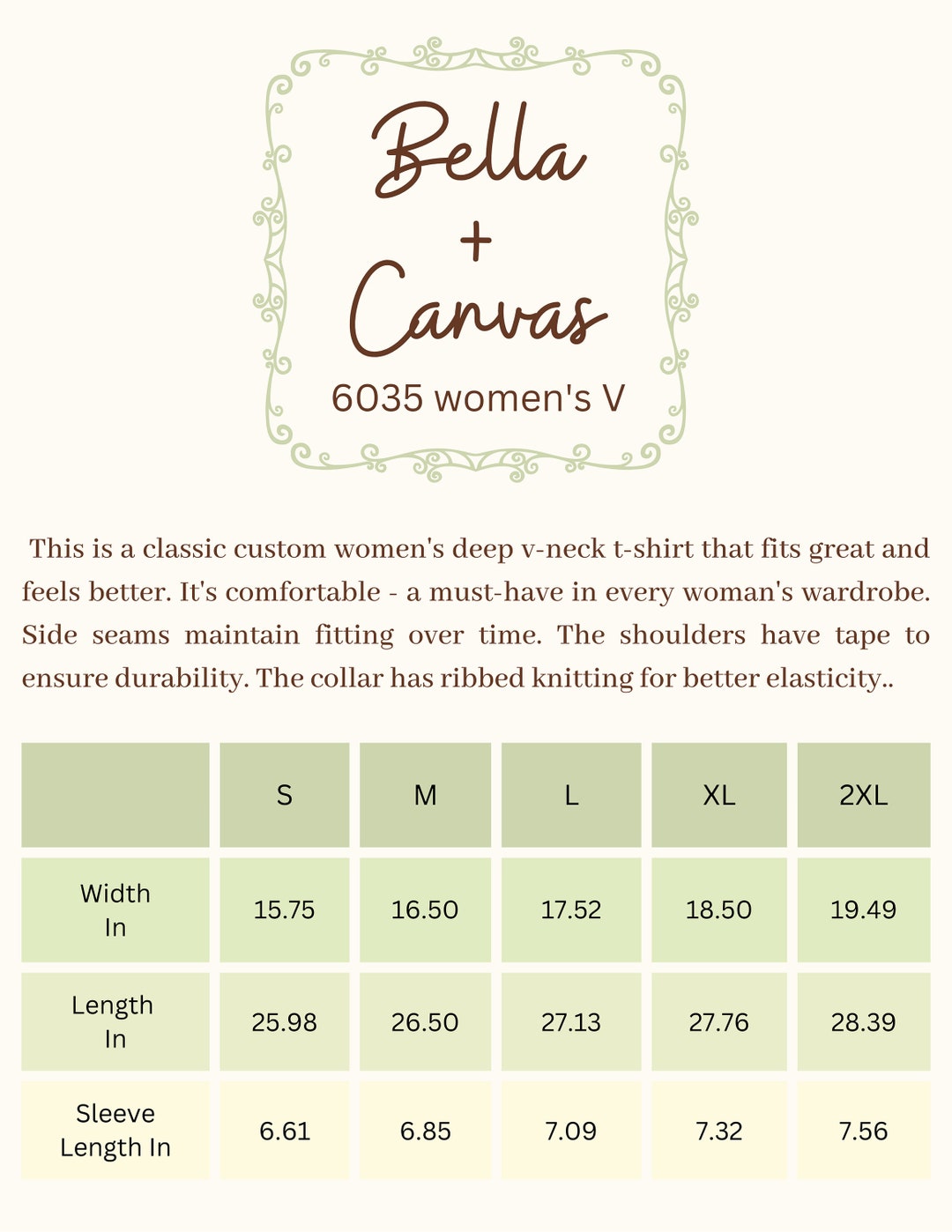 Bella + Canvas V Neck 6035 Size Chart, Size Chart Download, Bella ...