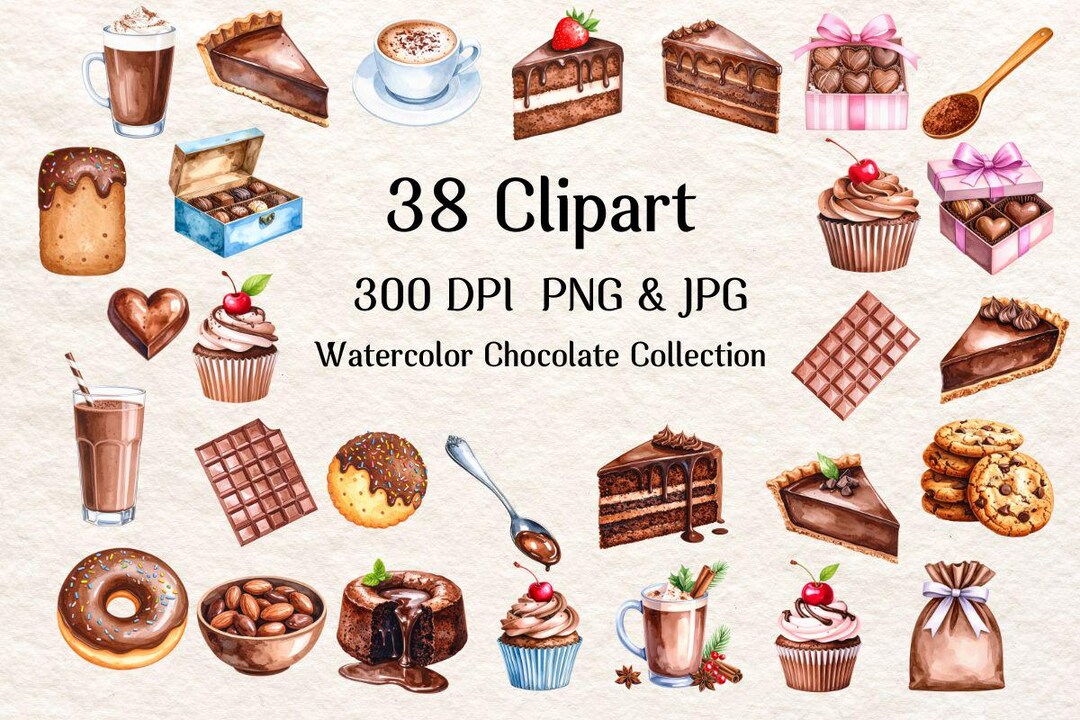 Watercolor Chocolate Collection Clipart Set 38 PNG JPG 300 DPI ...
