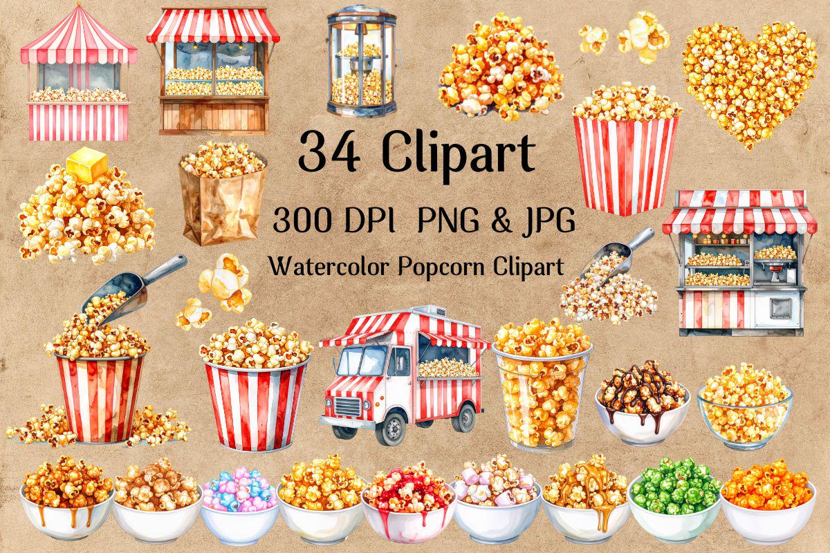 Watercolor Popcorn Clipart Set – Food Trucks, Buckets ,sweet Toppings ...