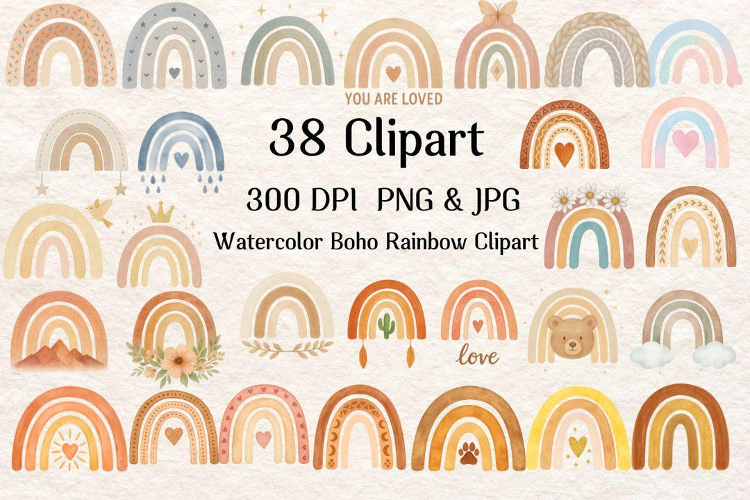 Watercolor Boho Rainbow Clipart – 38 PNG & JPG Graphics (commercial Use ...