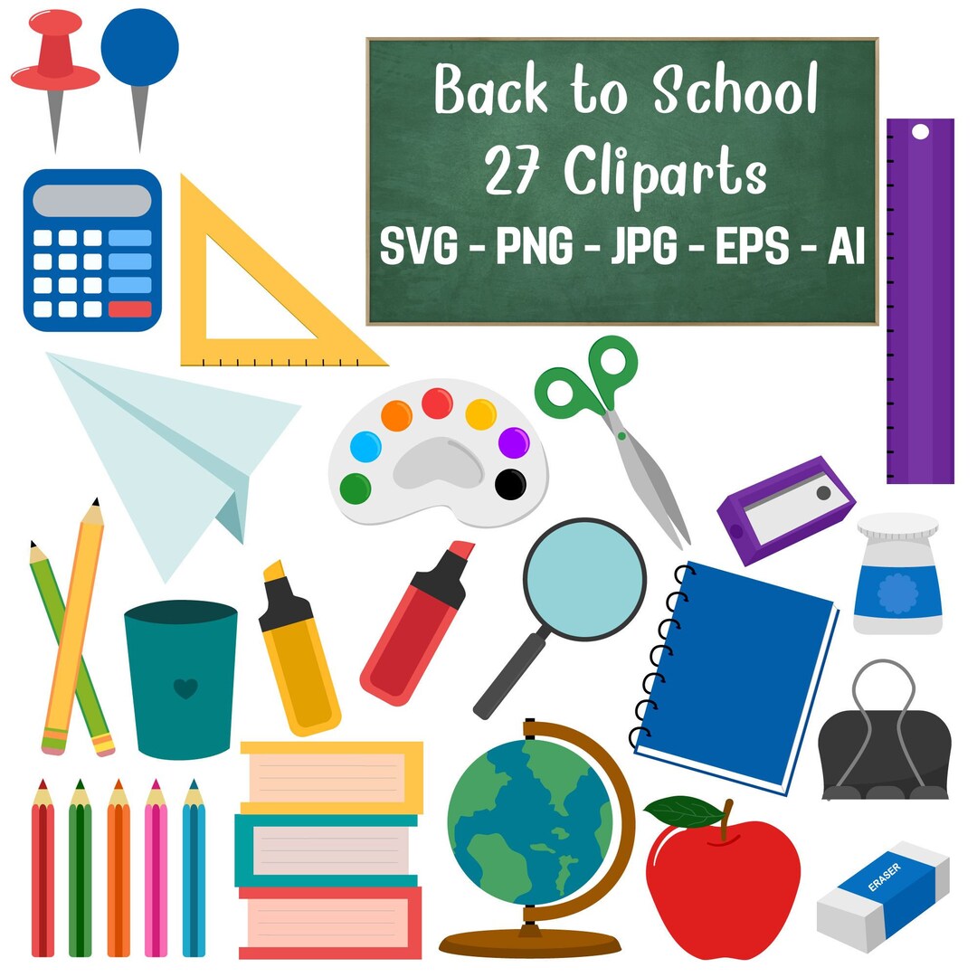 Back to School 27 Clipart ,pencil, Book, Supplies, Pen, Ruler, Globe ...