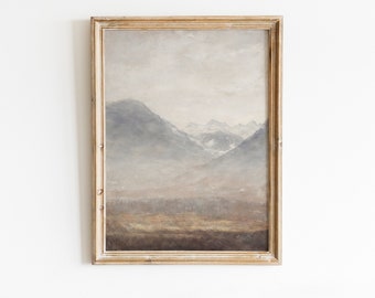 Mountain View Painting, Vintage Landscape With Rolling Hills and Cloudy ...