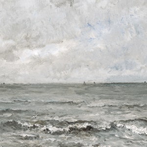 Vintage Seascape Painting, Ocean Waves Art Print, Cloudy Sky & Blue ...
