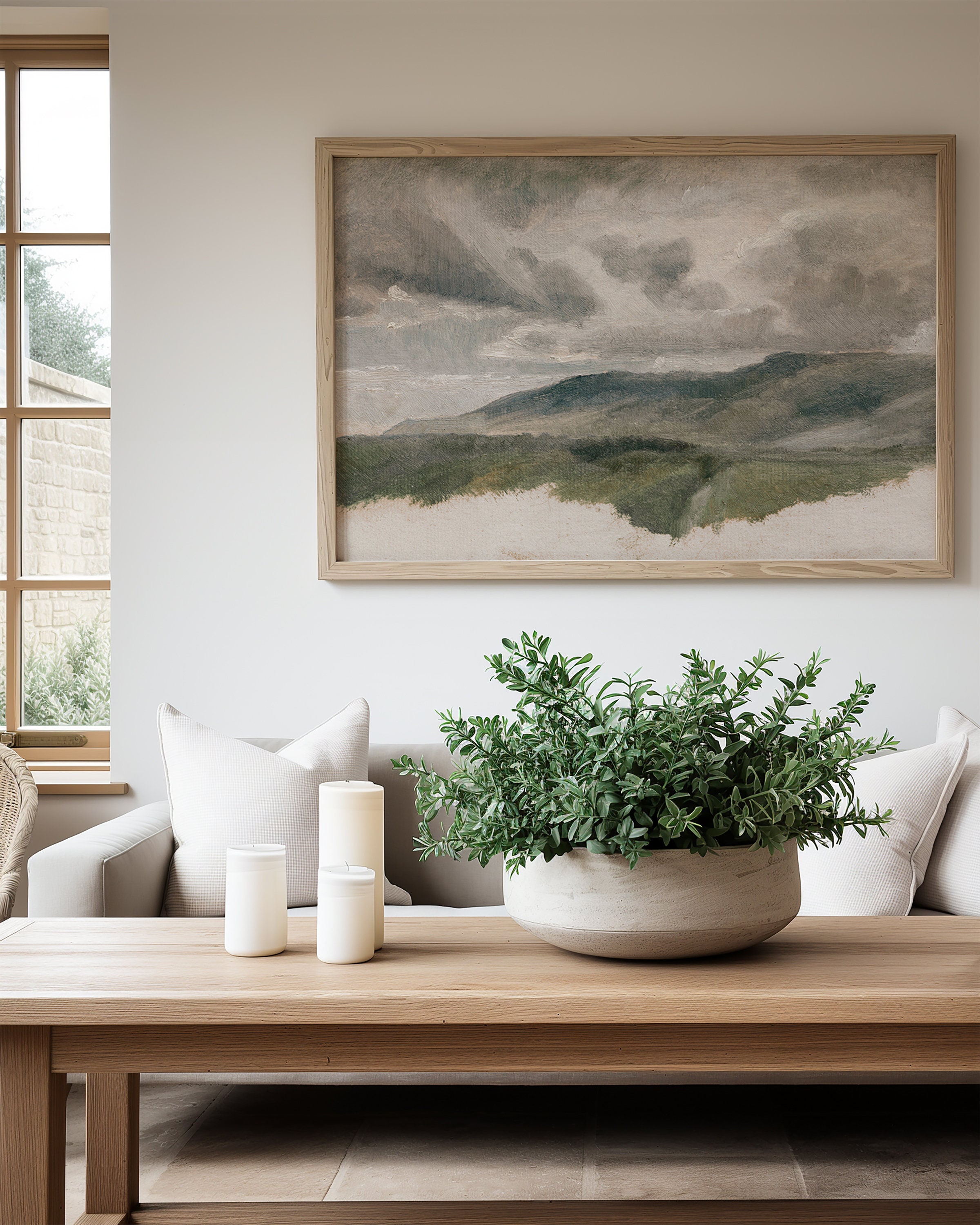 Mountain View Painting, Vintage Landscape With Rolling Hills and Cloudy ...