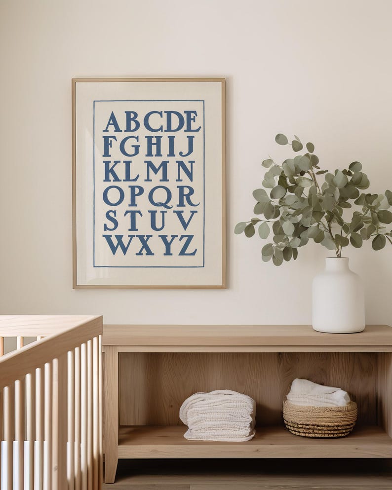 Alphabet Poster Print, Navy Blue ABC Chart, Vintage Nursery Letter ...