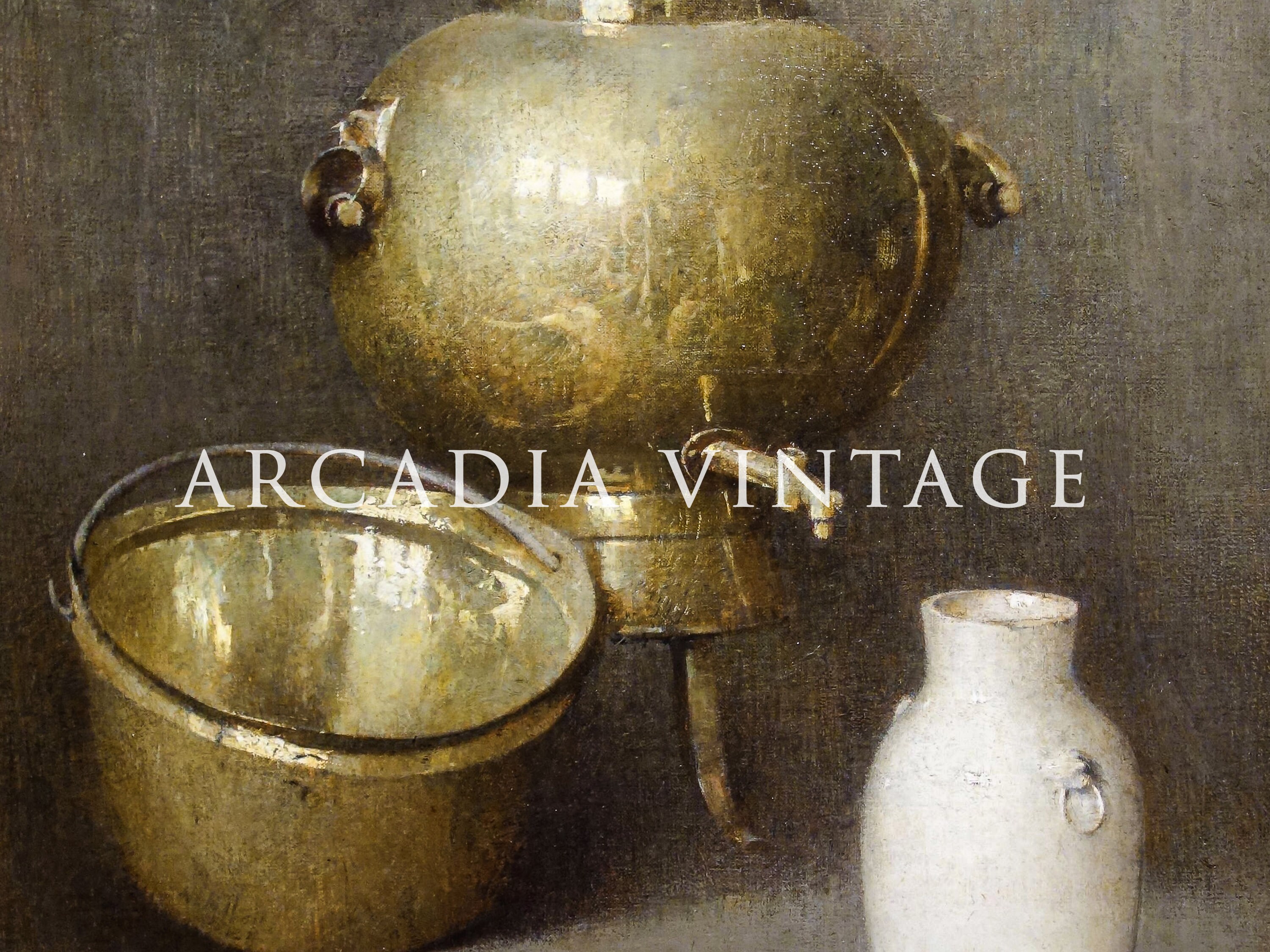 Vintage Still Life Painting With Brass Vessels, Classical Interior ...