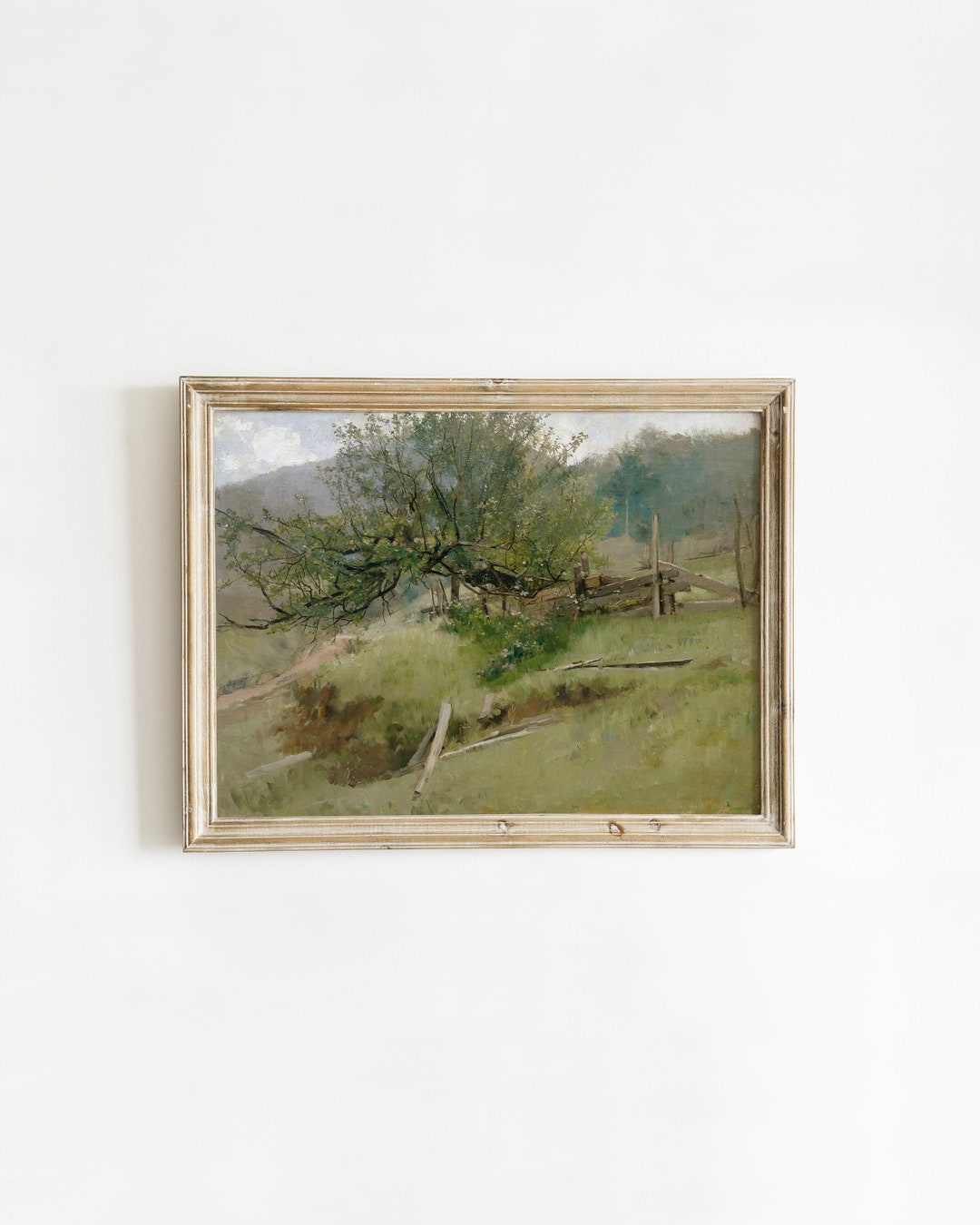 Vintage Countryside Landscape, Muted Green Spring Artwork, Apple Tree ...