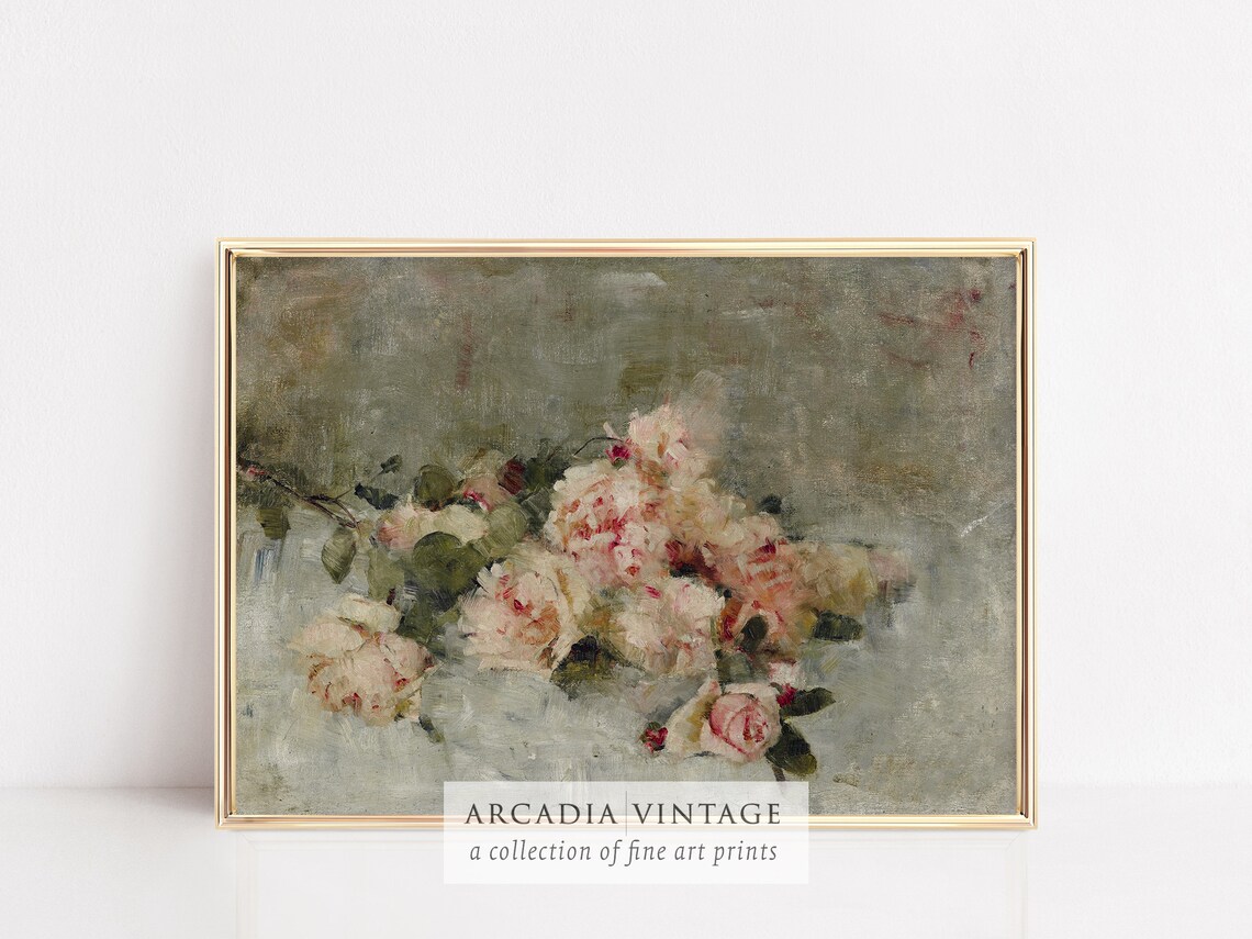 Roses Still Life Antique Oil Painting Peach & Pink Blooms PRINTABLE ...