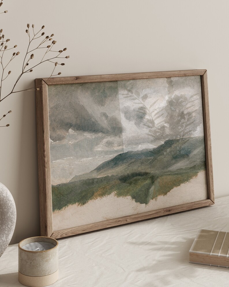 Mountain View Painting, Vintage Landscape With Rolling Hills and Cloudy ...