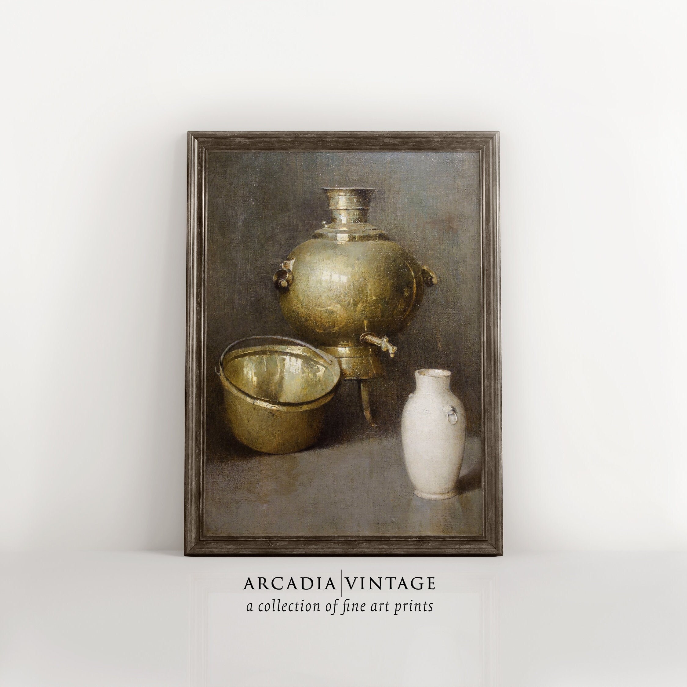 Vintage Still Life Painting With Brass Vessels, Classical Interior ...