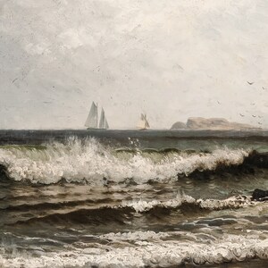 Classic Seascape Artwork, Ocean Waves and Sailboats Painting, Coastal ...