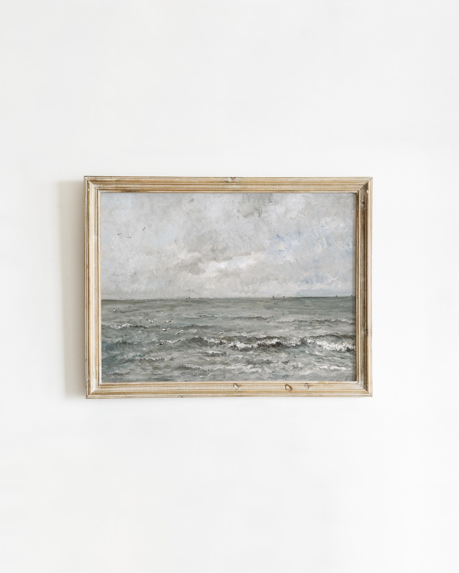 Vintage Seascape Painting, Ocean Waves Art Print, Cloudy Sky & Blue ...