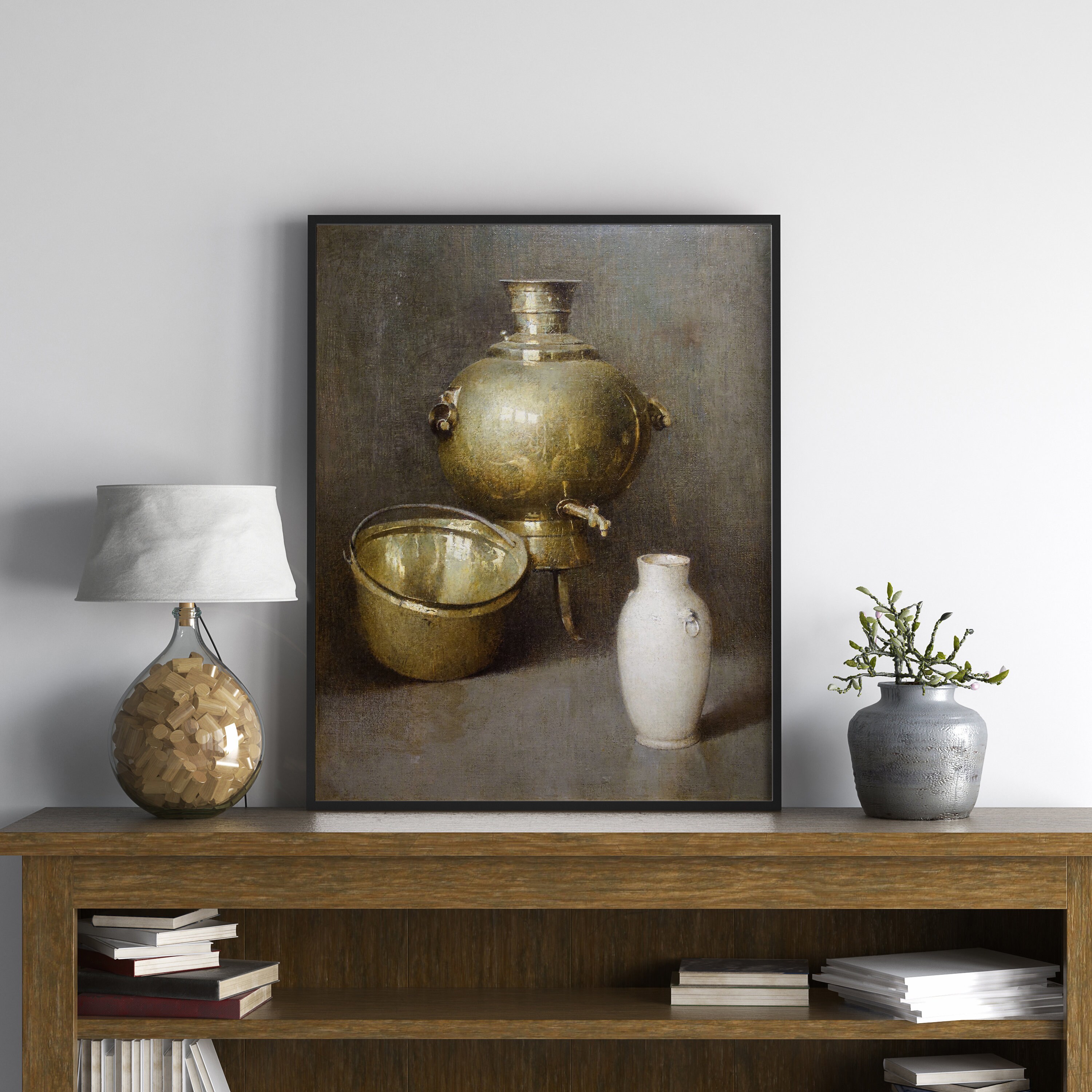 Vintage Still Life Painting With Brass Vessels, Classical Interior ...