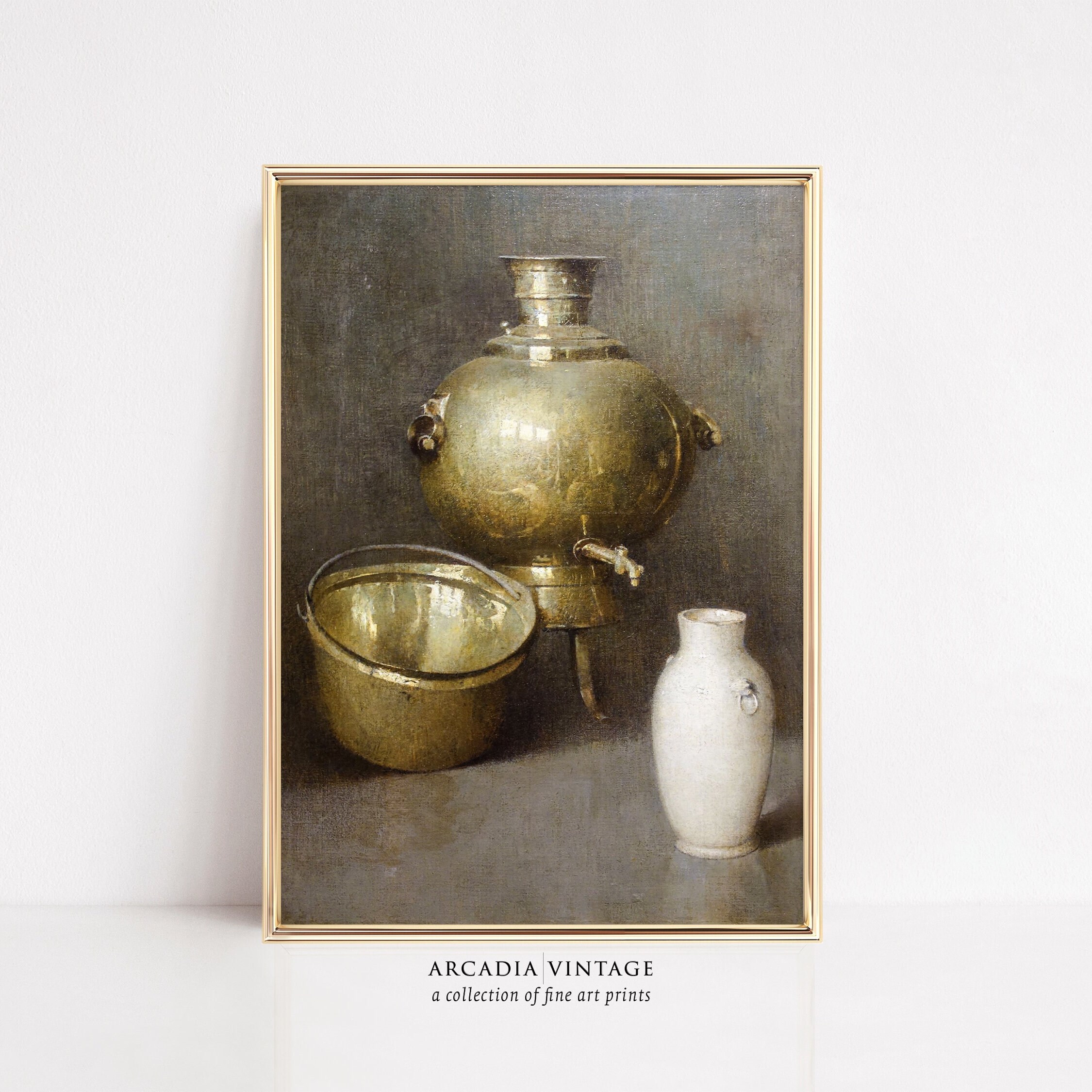 Vintage Still Life Painting With Brass Vessels, Classical Interior ...