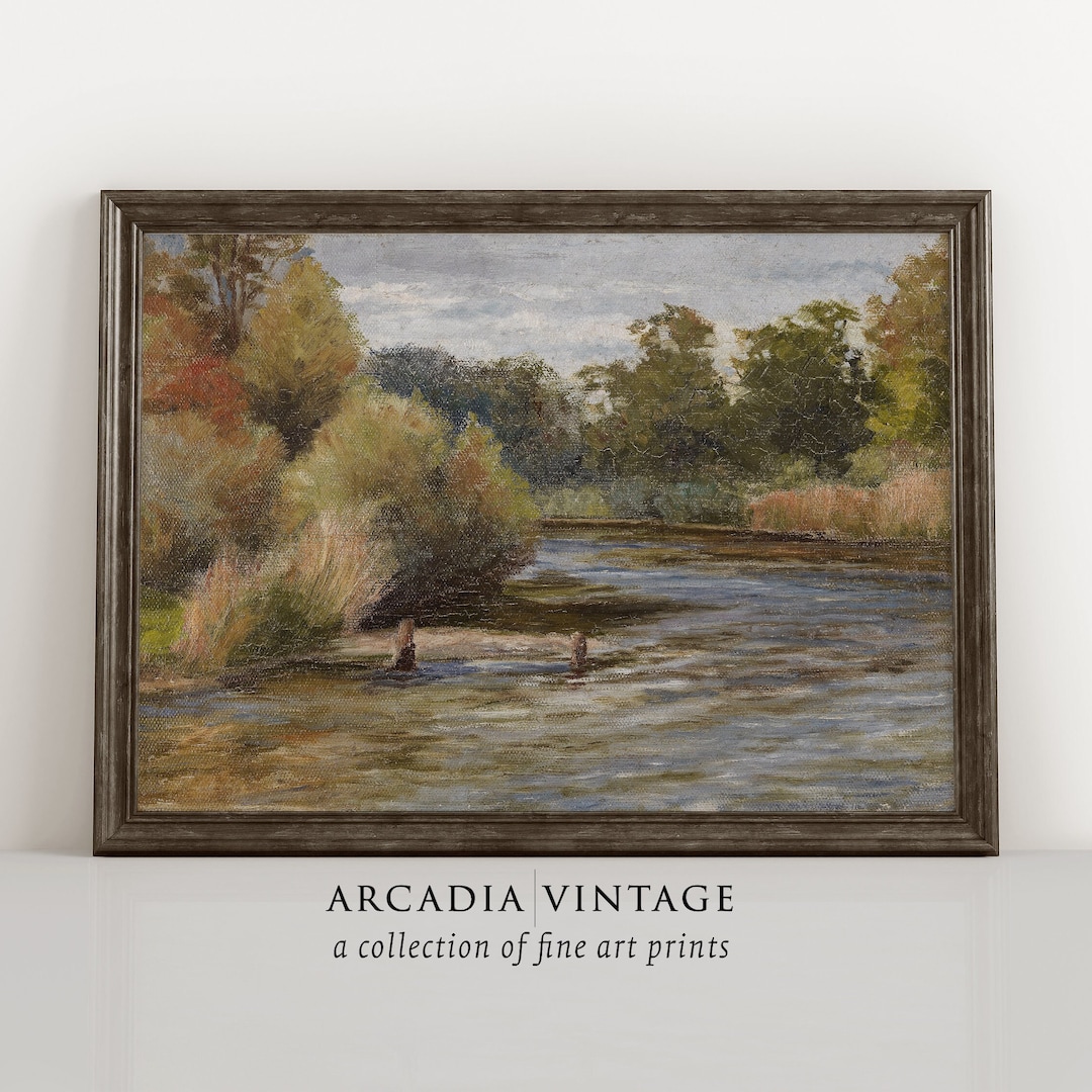 Vintage Autumn River Landscape Painting | Fall Countryside Art Print ...