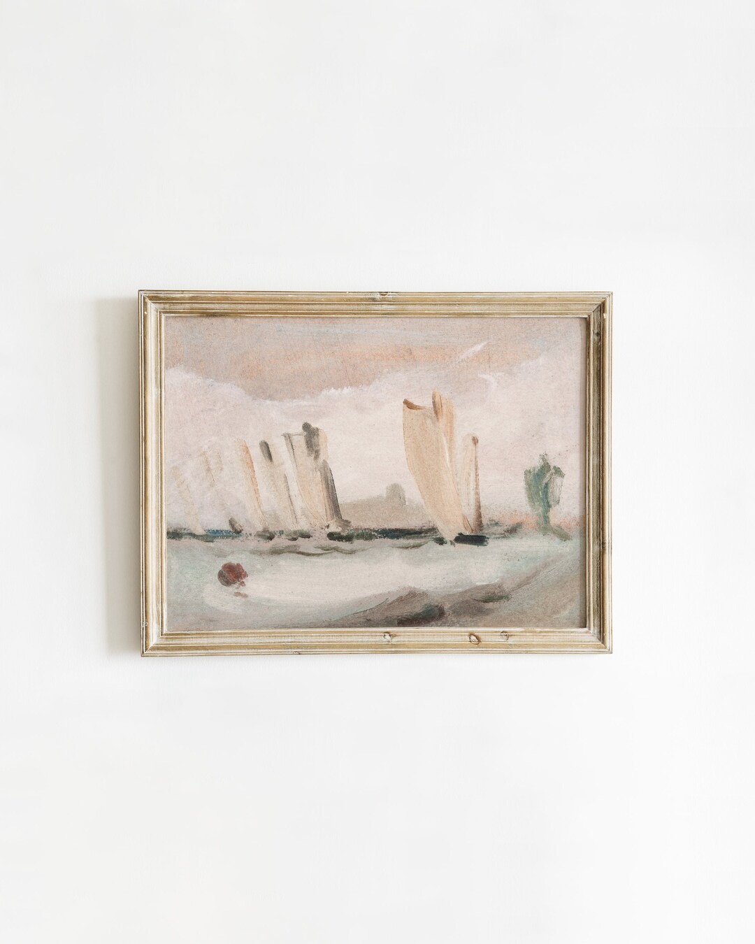 Vintage Sailboat Painting, Sailing Regatta, Coastal Seascape With Pink ...
