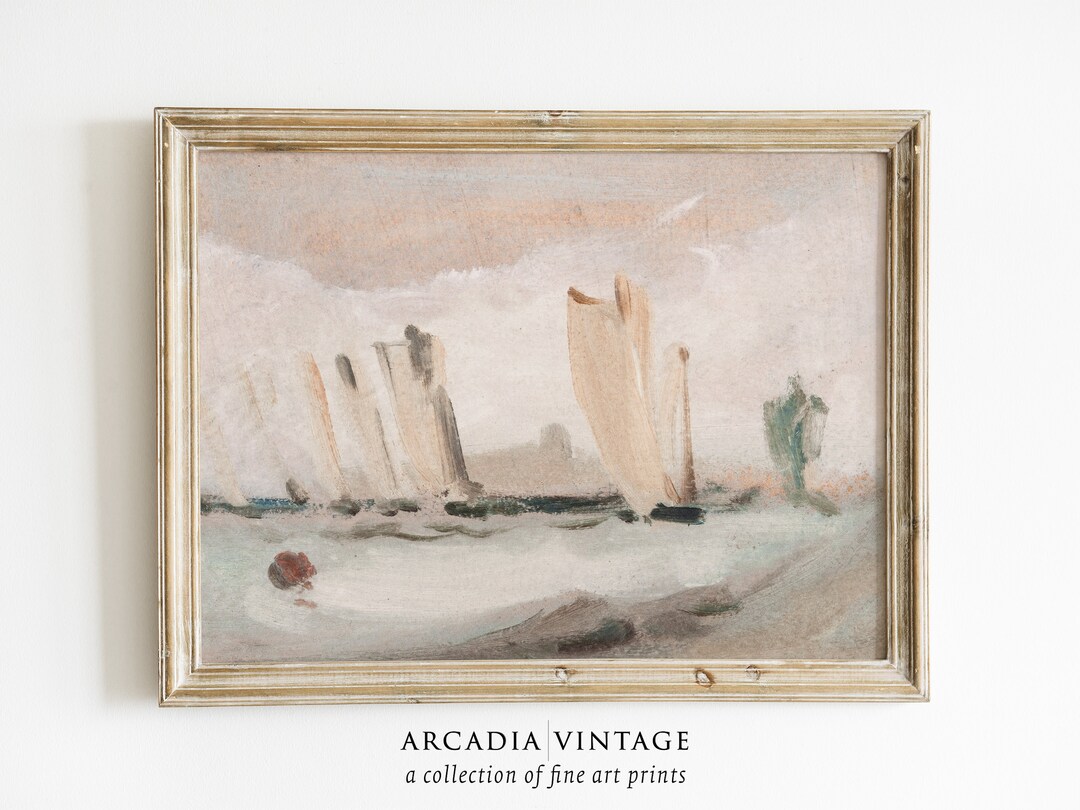Vintage Sailboat Painting Sailing Regatta Coastal Seascape With Pink ...
