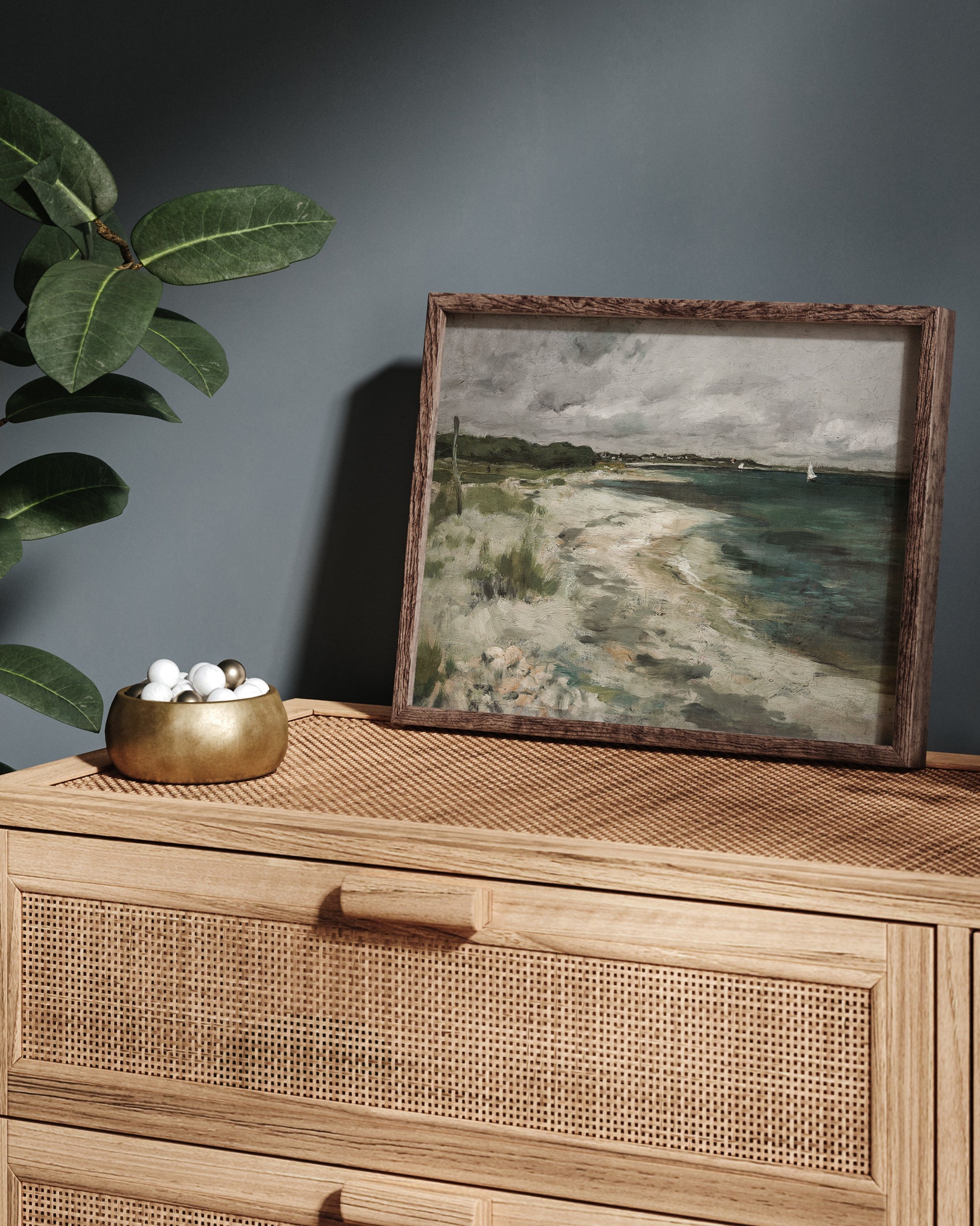 Rustic Coastline Beach Painting, Moody Seascape With Sailboats and ...