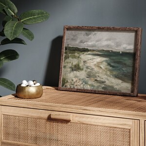 Rustic Coastline Beach Painting, Moody Seascape With Sailboats and ...